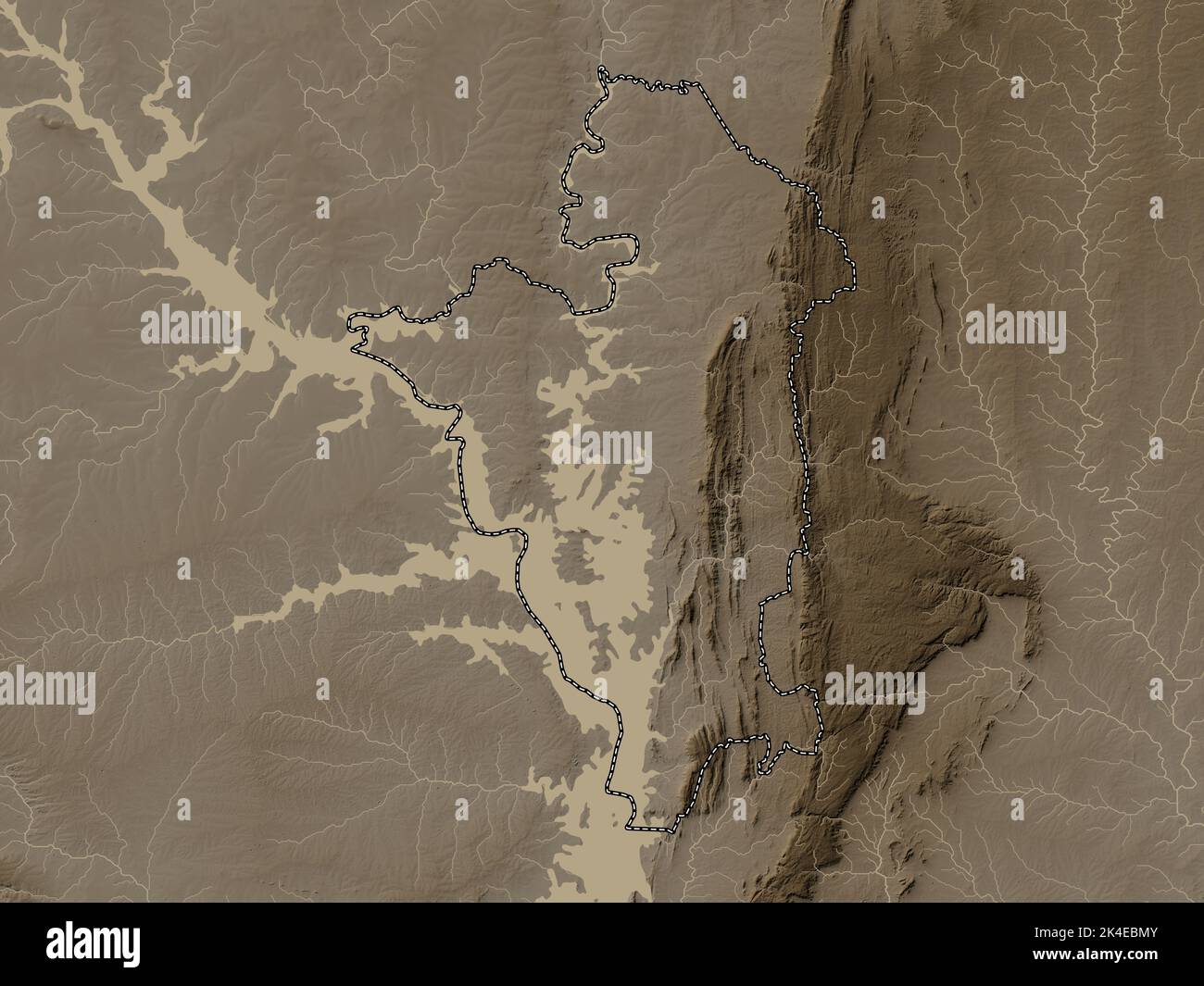 Oti, region of Ghana. Elevation map colored in sepia tones with lakes ...