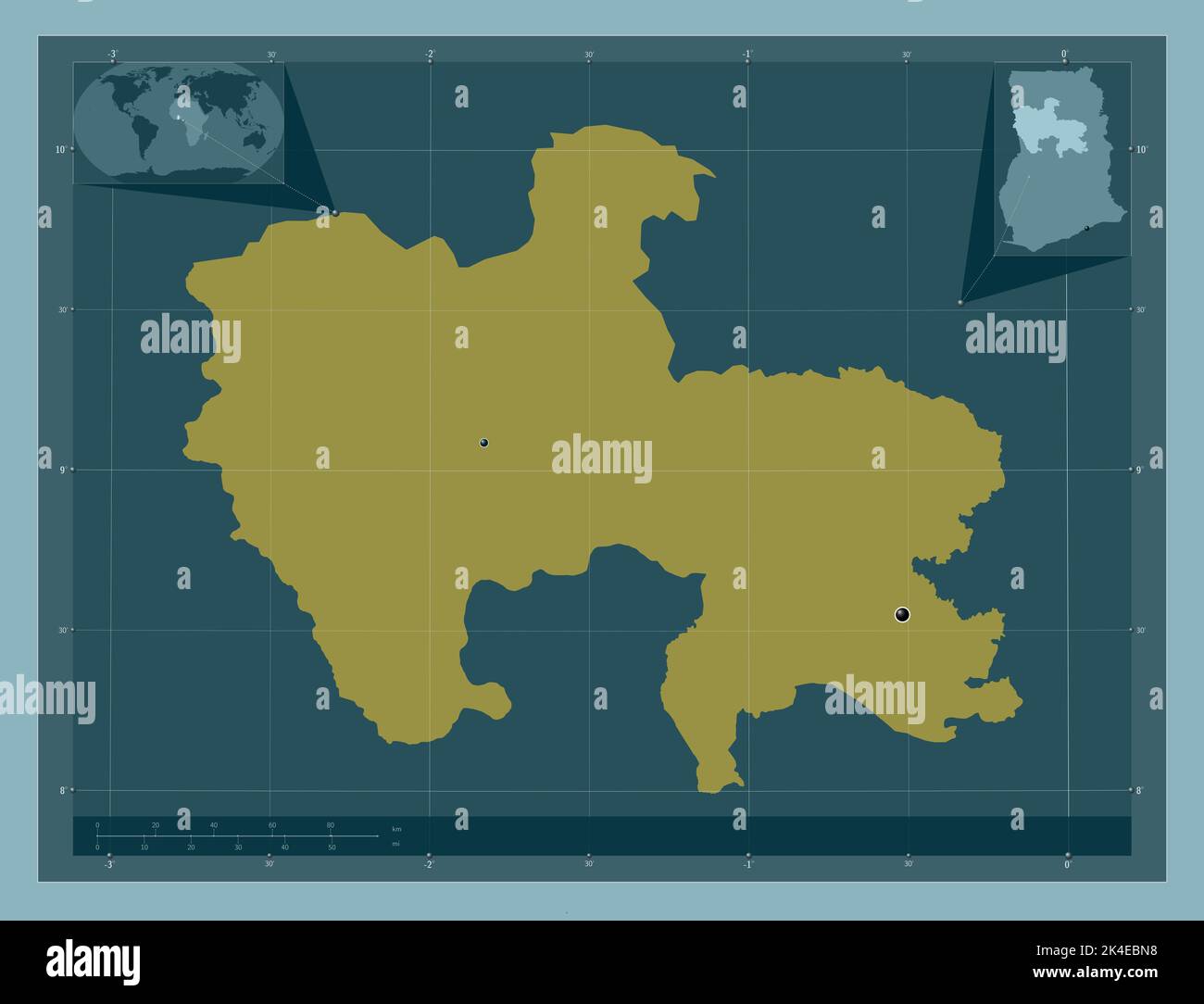 Savannah, region of Ghana. Solid color shape. Locations of major cities ...
