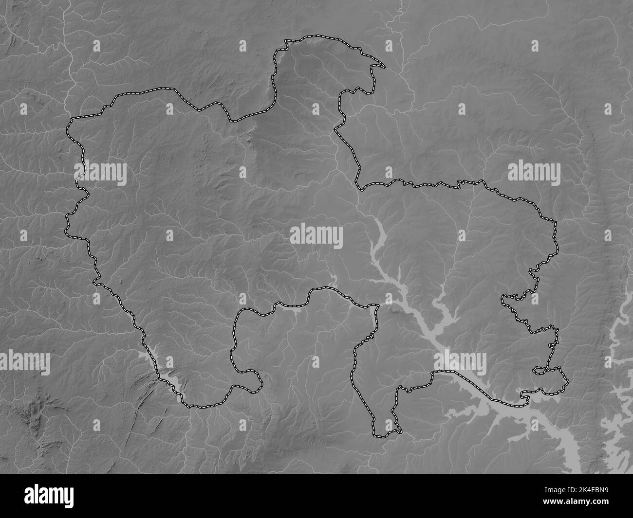 Savannah, region of Ghana. Grayscale elevation map with lakes and ...