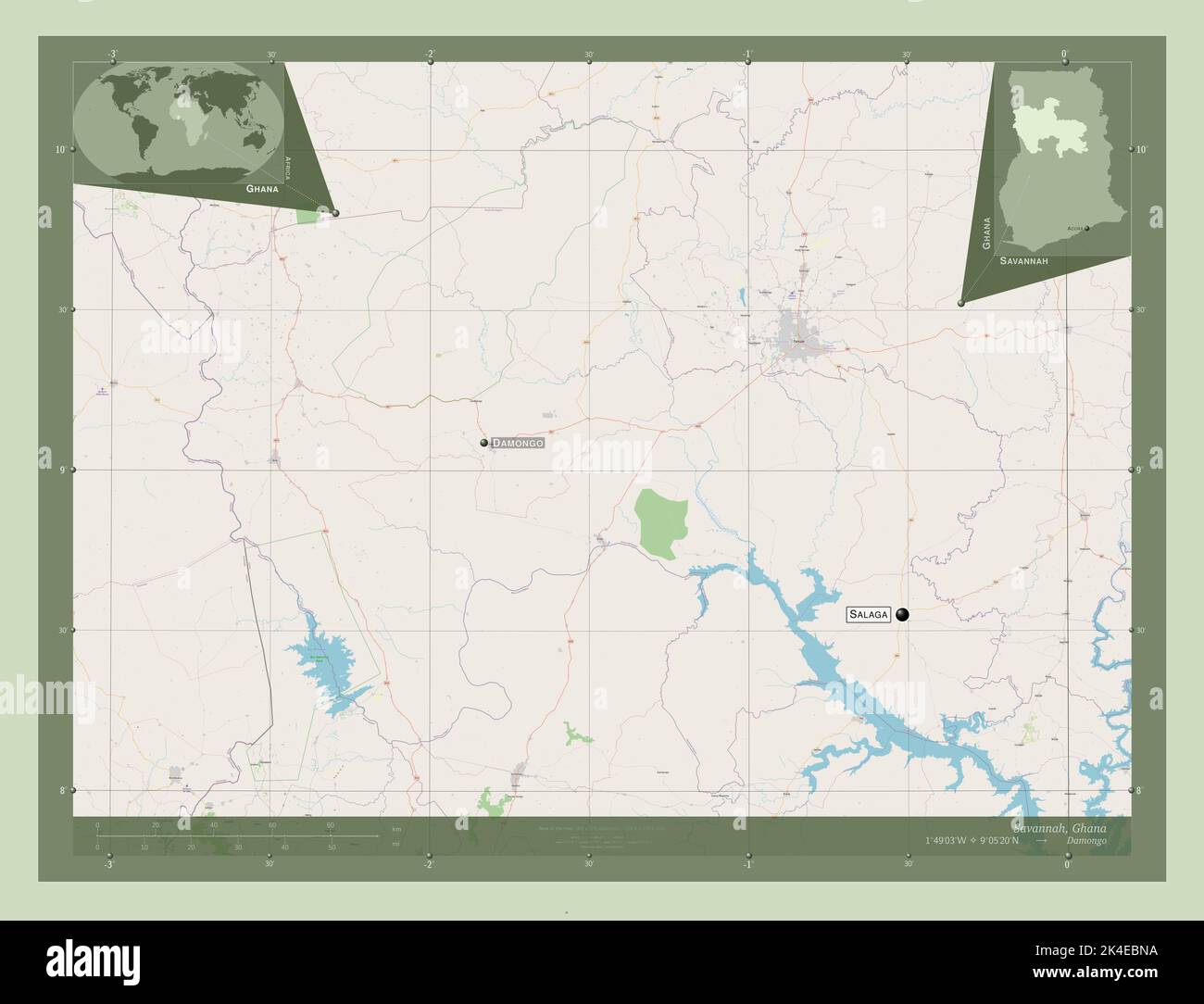 Savannah, region of Ghana. Open Street Map. Locations and names of ...