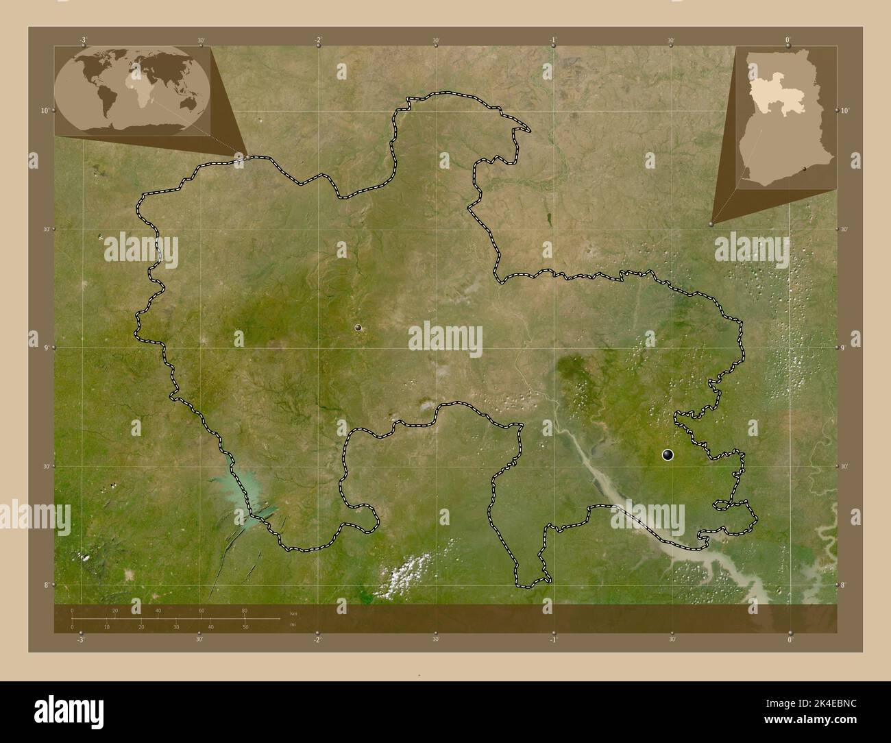 Savannah, region of Ghana. Low resolution satellite map. Locations of ...