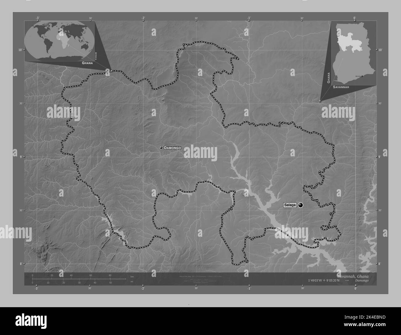 Savannah, region of Ghana. Grayscale elevation map with lakes and ...