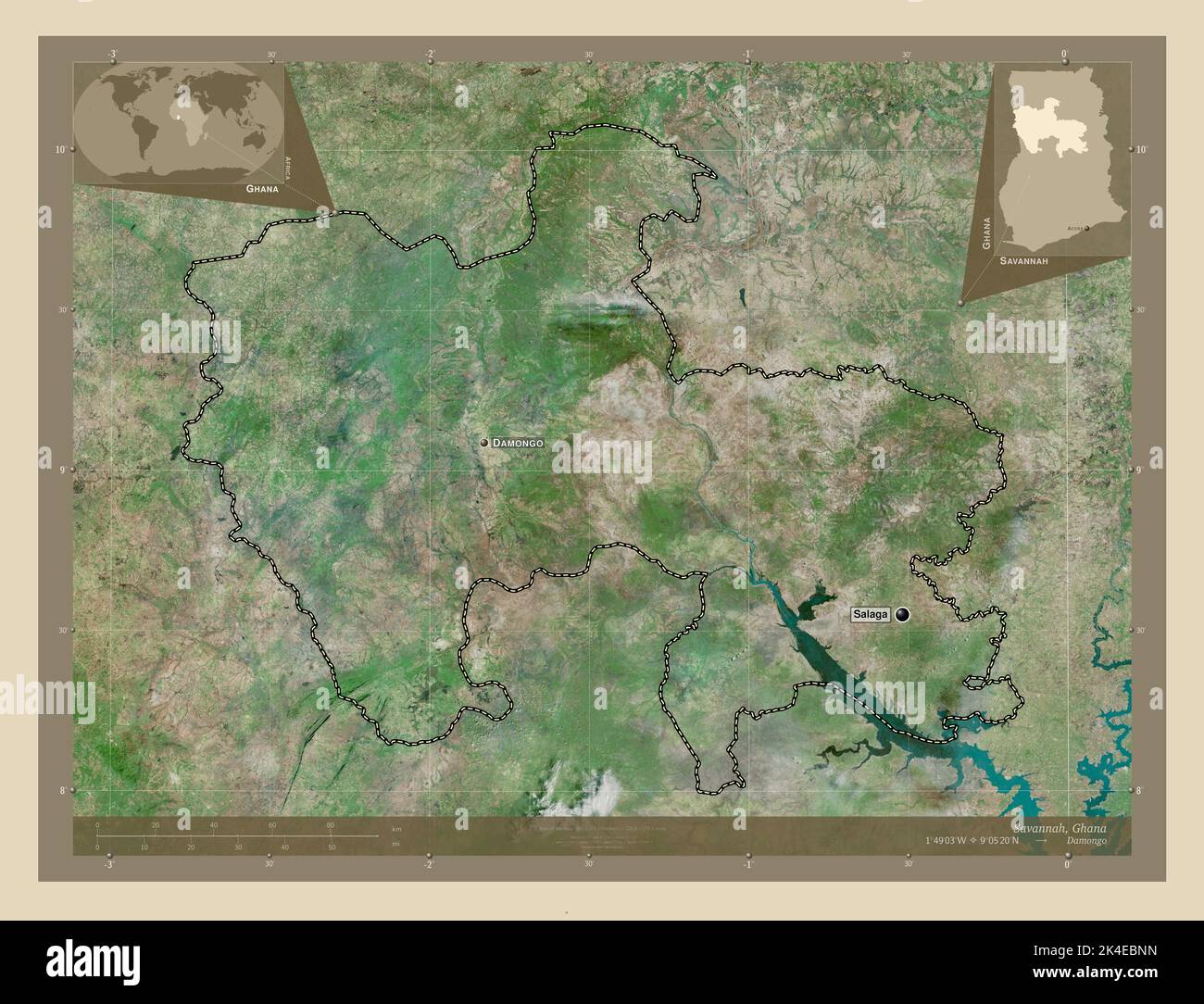 Savannah, region of Ghana. High resolution satellite map. Locations and ...