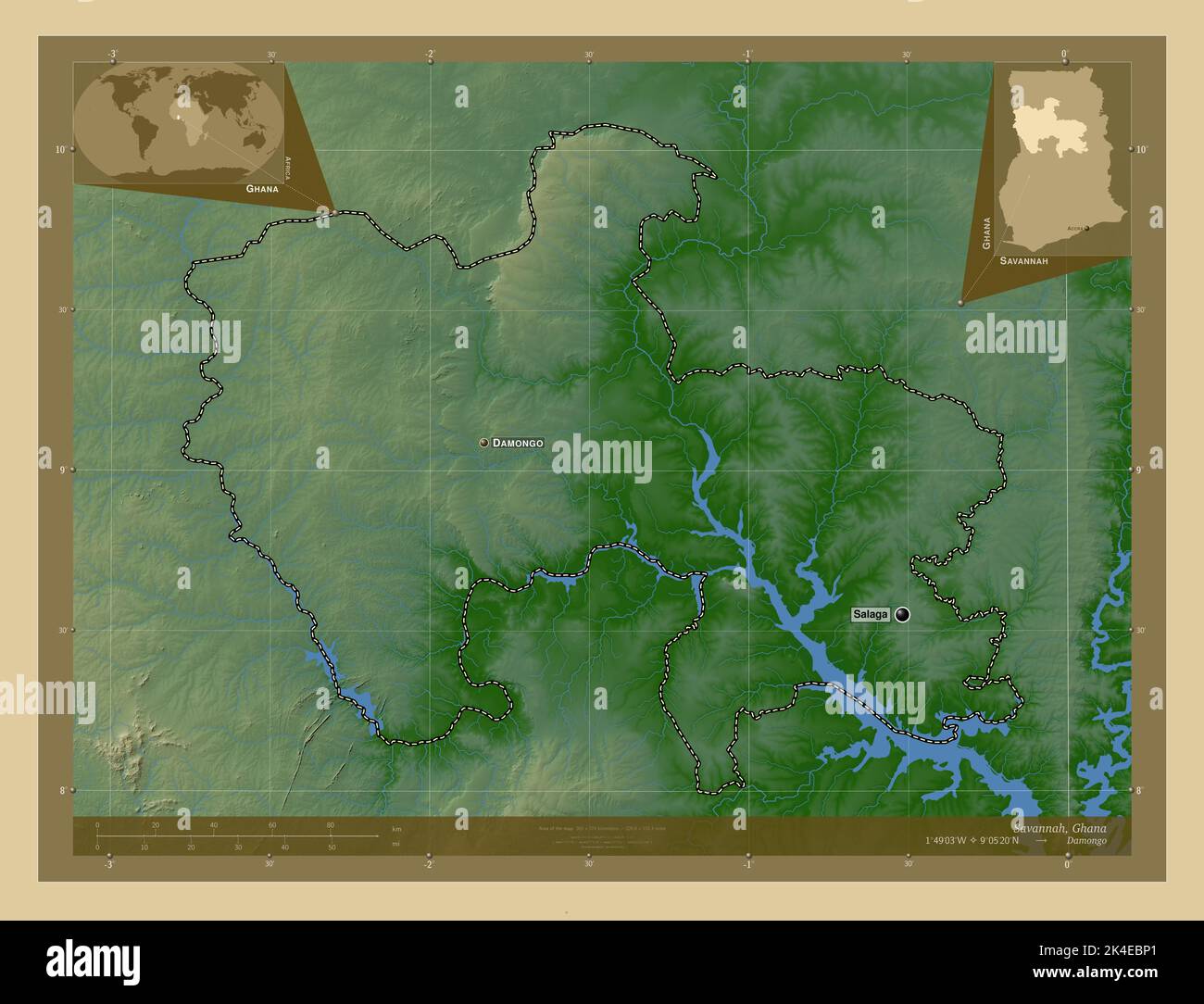 Savannah, region of Ghana. Colored elevation map with lakes and rivers ...