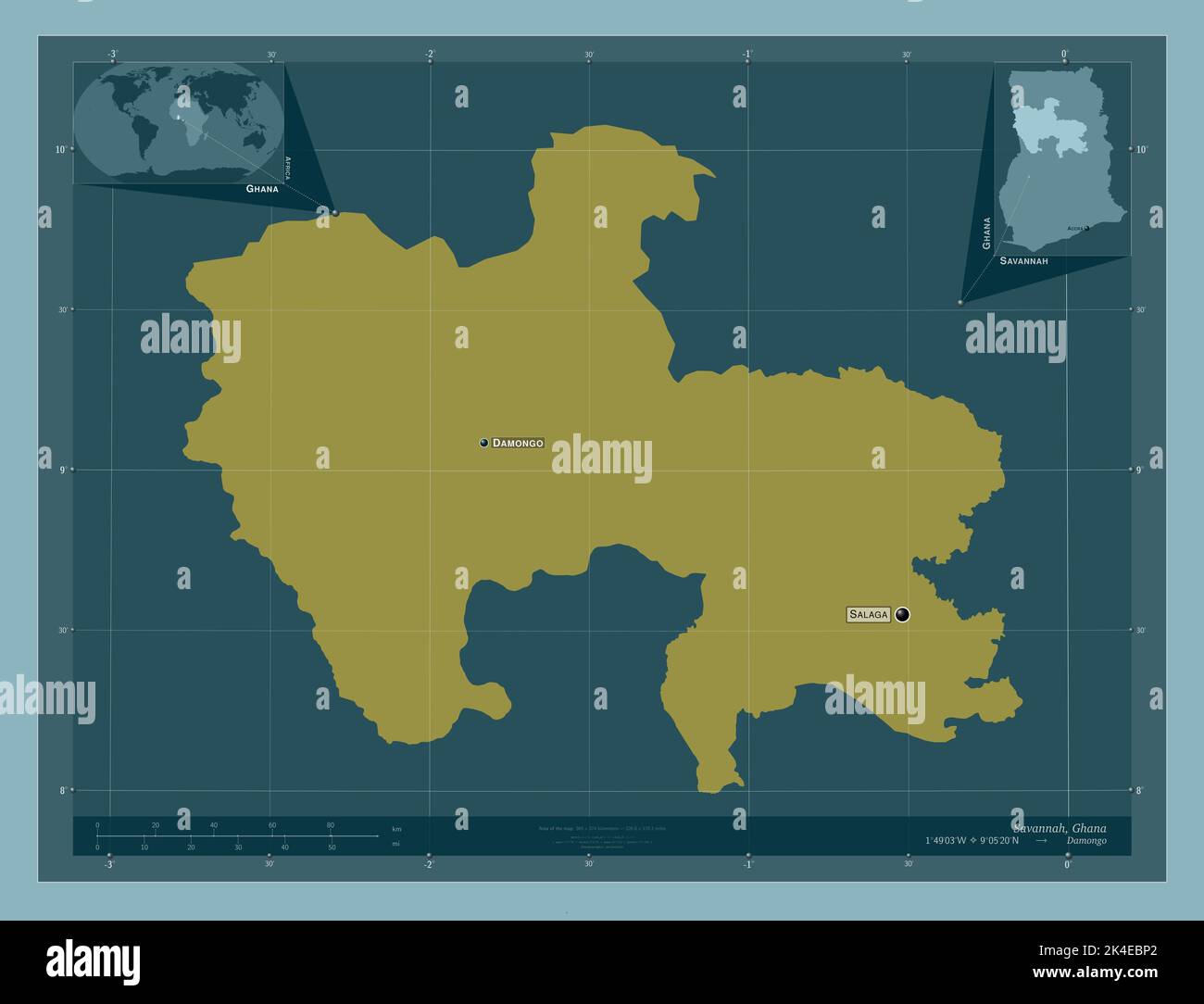 Savannah, region of Ghana. Solid color shape. Locations and names of ...