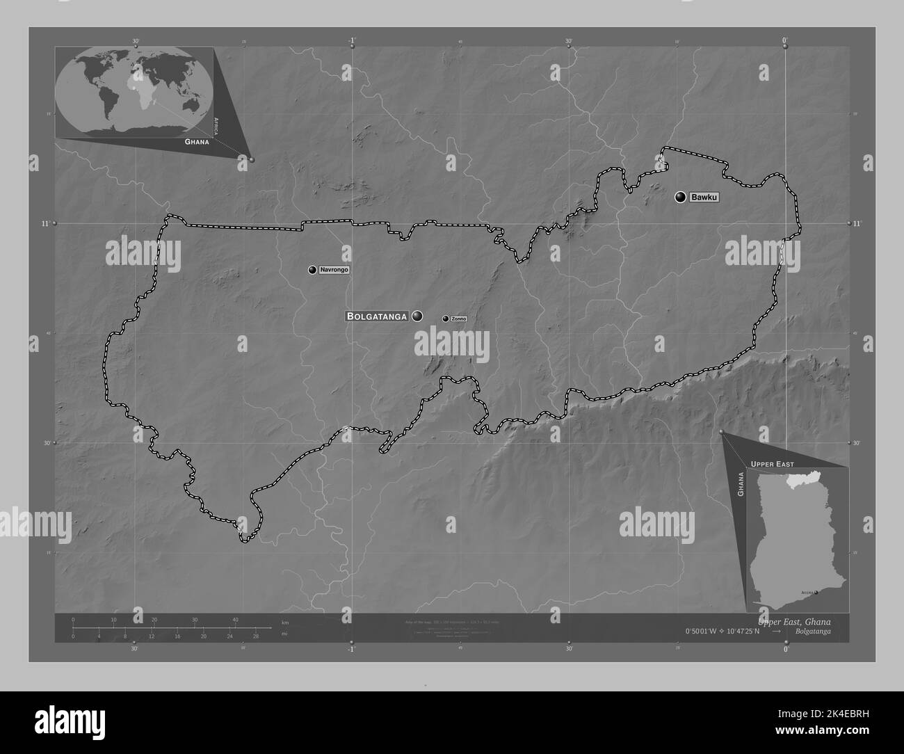 Upper East, region of Ghana. Grayscale elevation map with lakes and ...