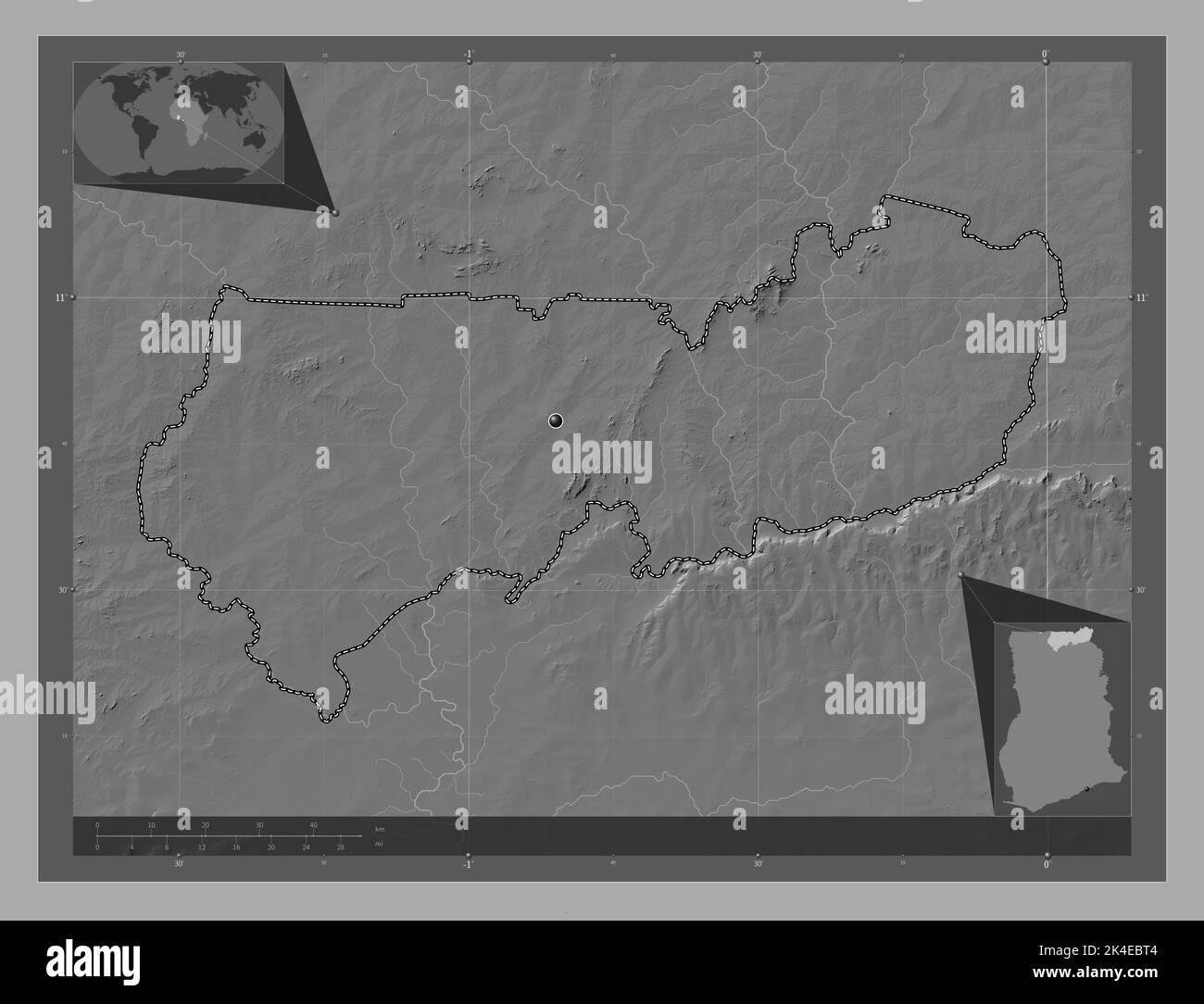 Upper East, region of Ghana. Bilevel elevation map with lakes and ...
