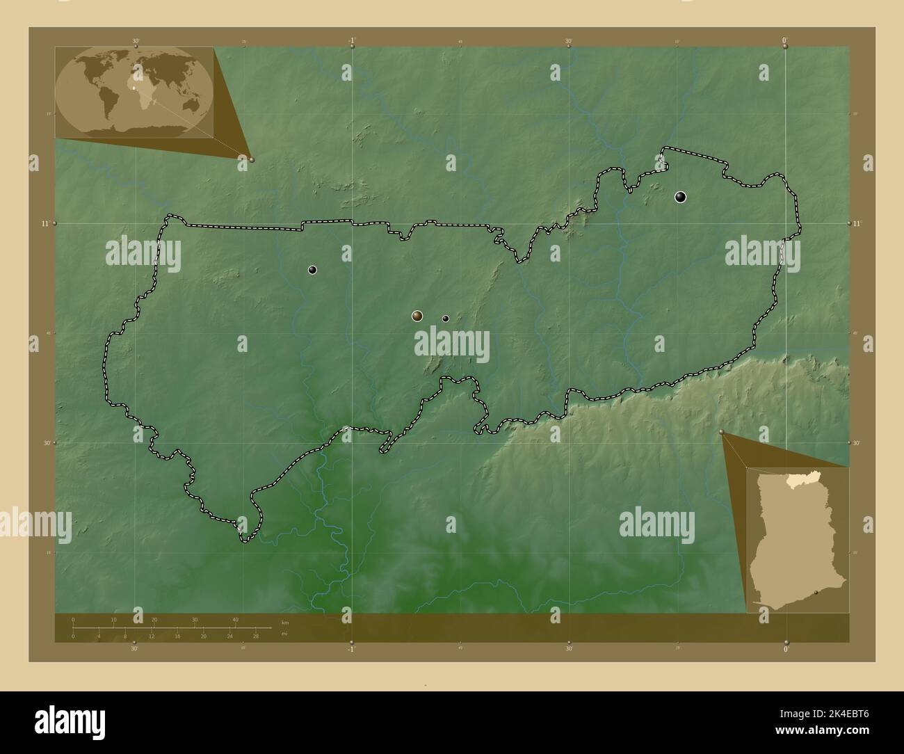 Upper East, region of Ghana. Colored elevation map with lakes and ...