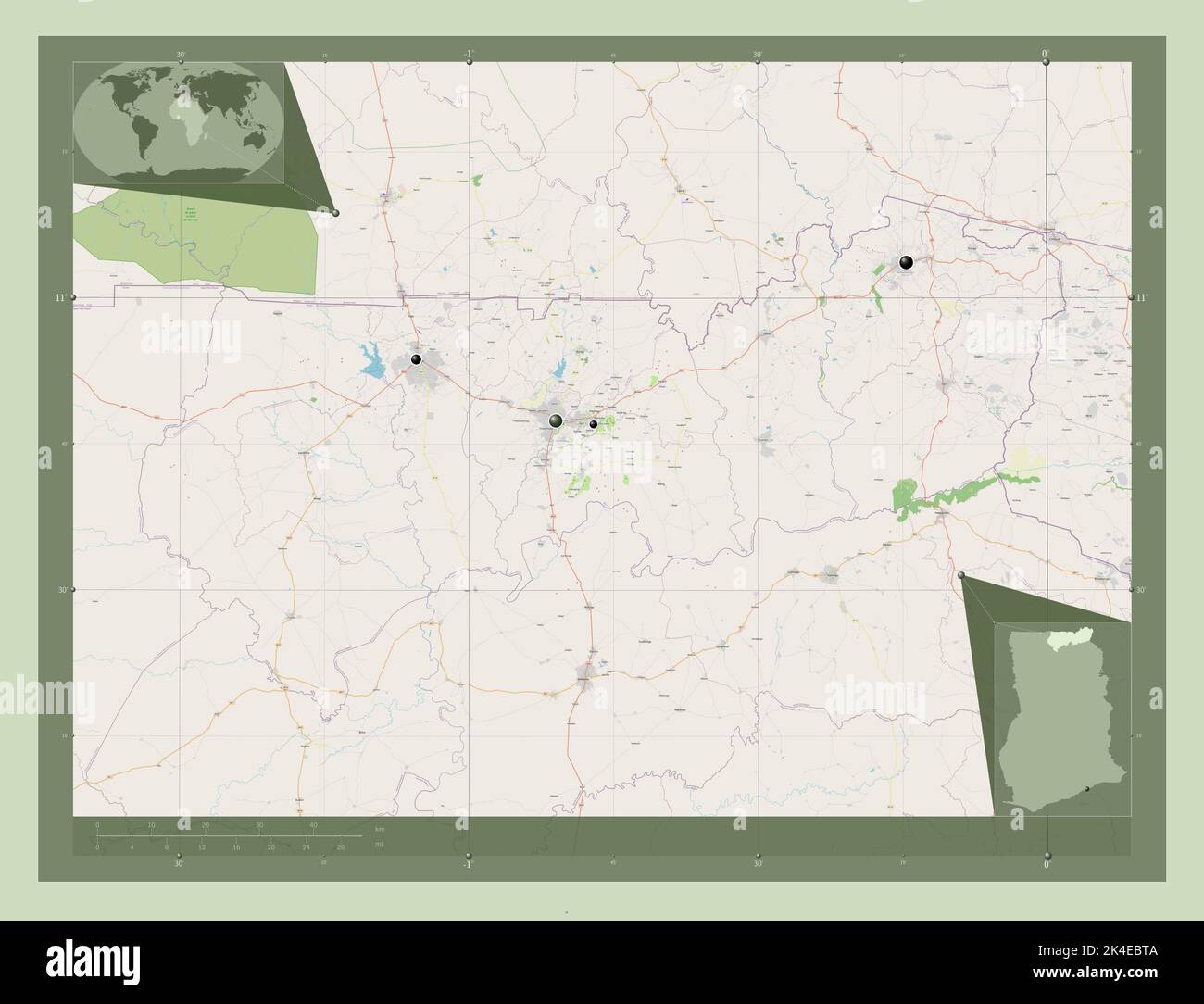 Upper East, region of Ghana. Open Street Map. Locations of major cities ...