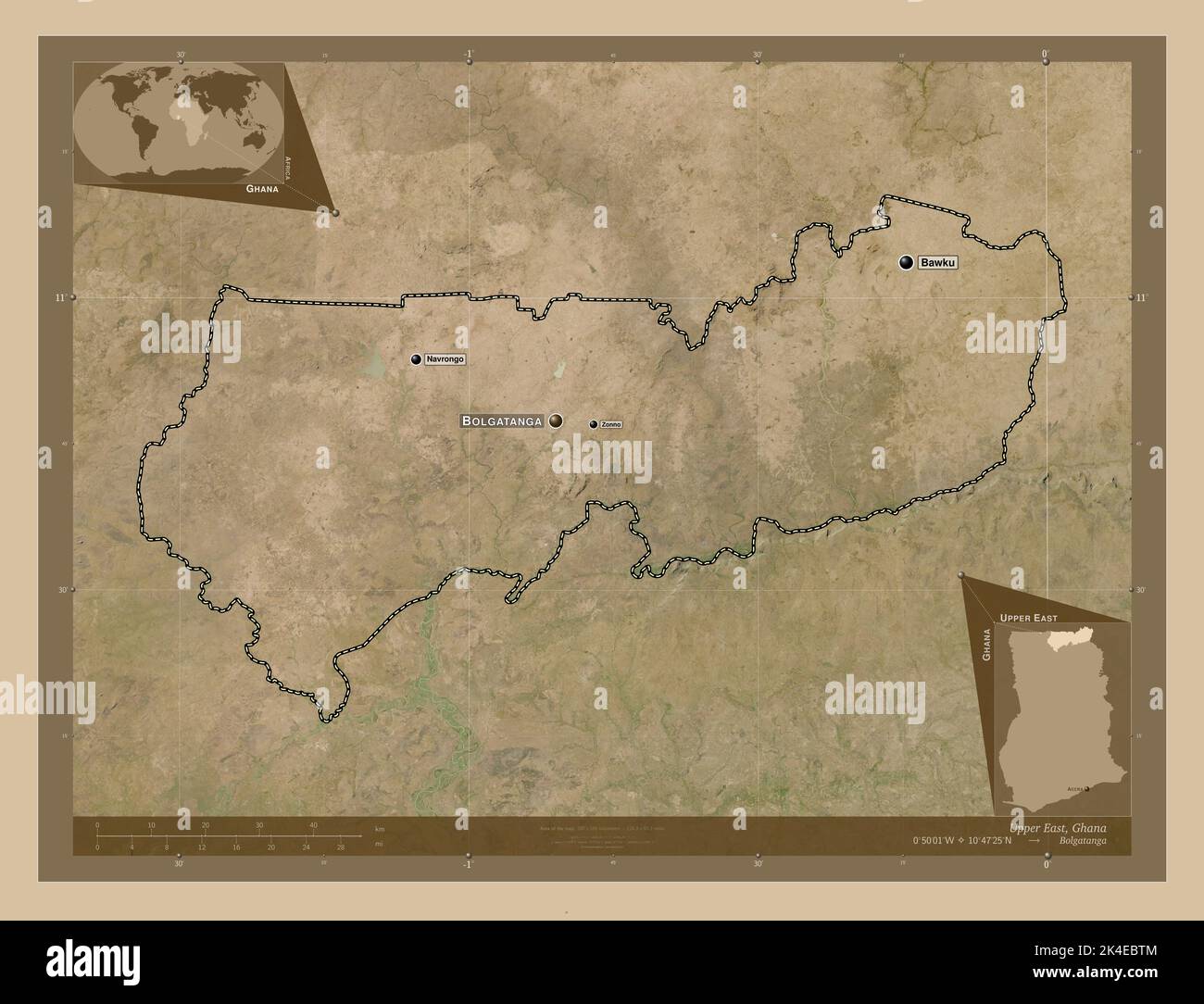 Upper East, region of Ghana. Low resolution satellite map. Locations ...