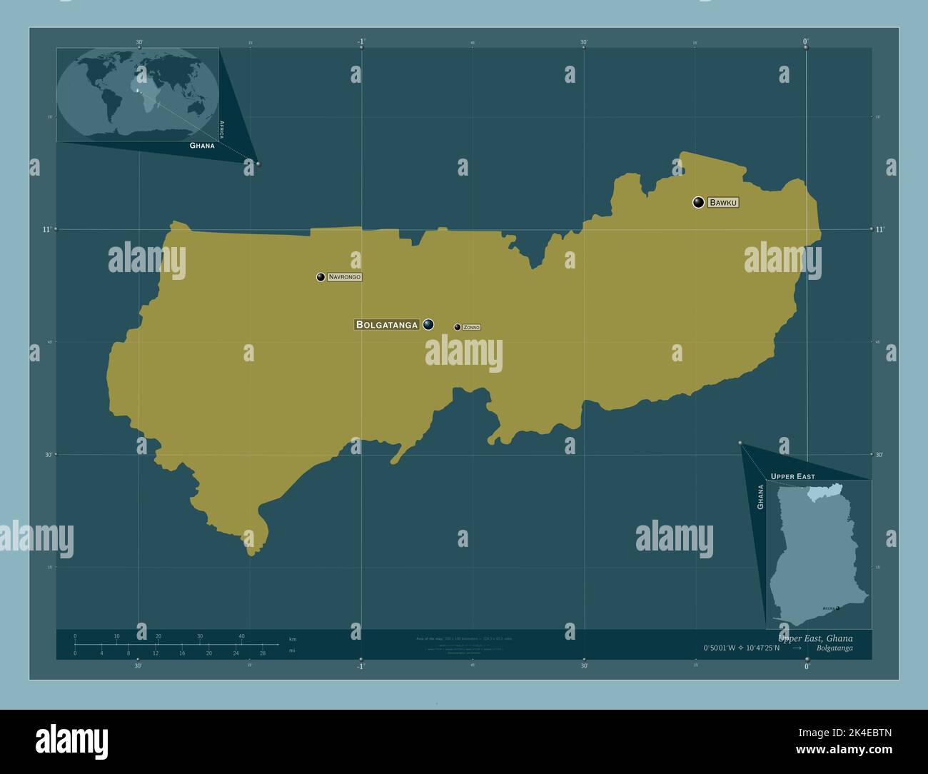 Upper East, region of Ghana. Solid color shape. Locations and names of ...