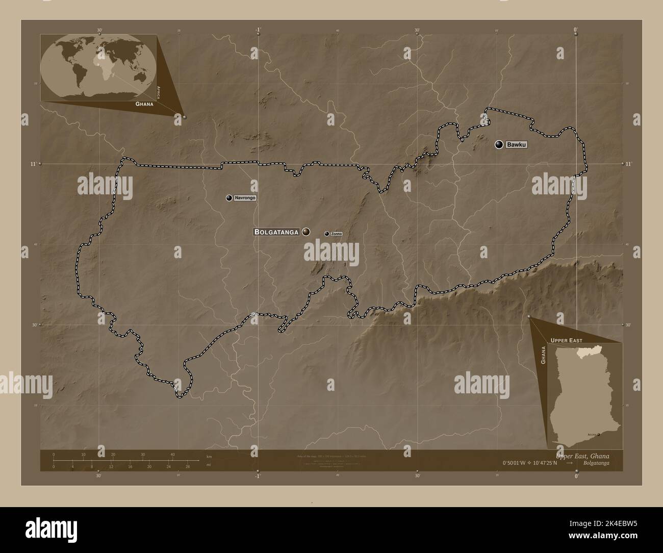 Upper East, region of Ghana. Elevation map colored in sepia tones with ...