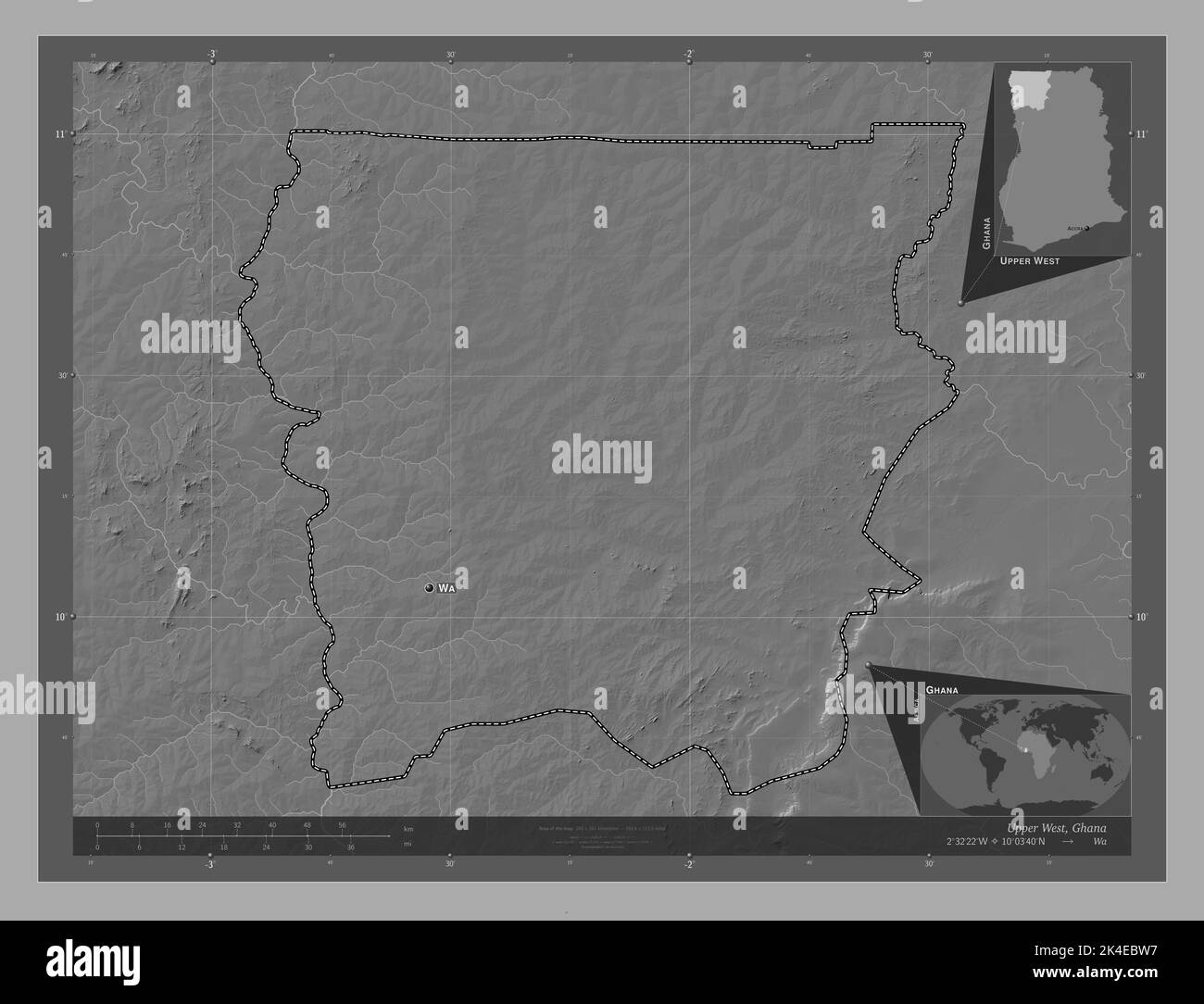 Upper West, region of Ghana. Bilevel elevation map with lakes and ...