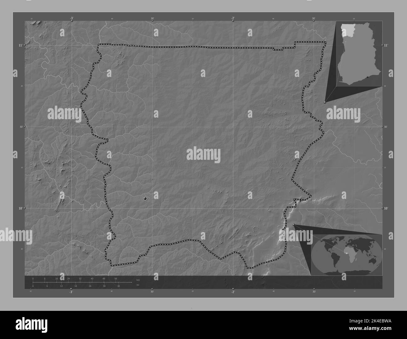 Upper West, region of Ghana. Bilevel elevation map with lakes and ...