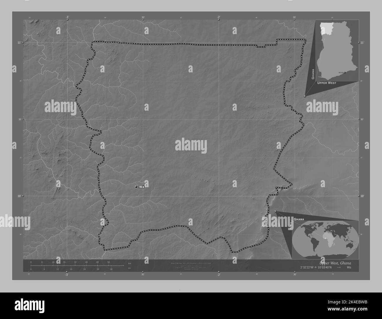 Upper West, region of Ghana. Grayscale elevation map with lakes and ...