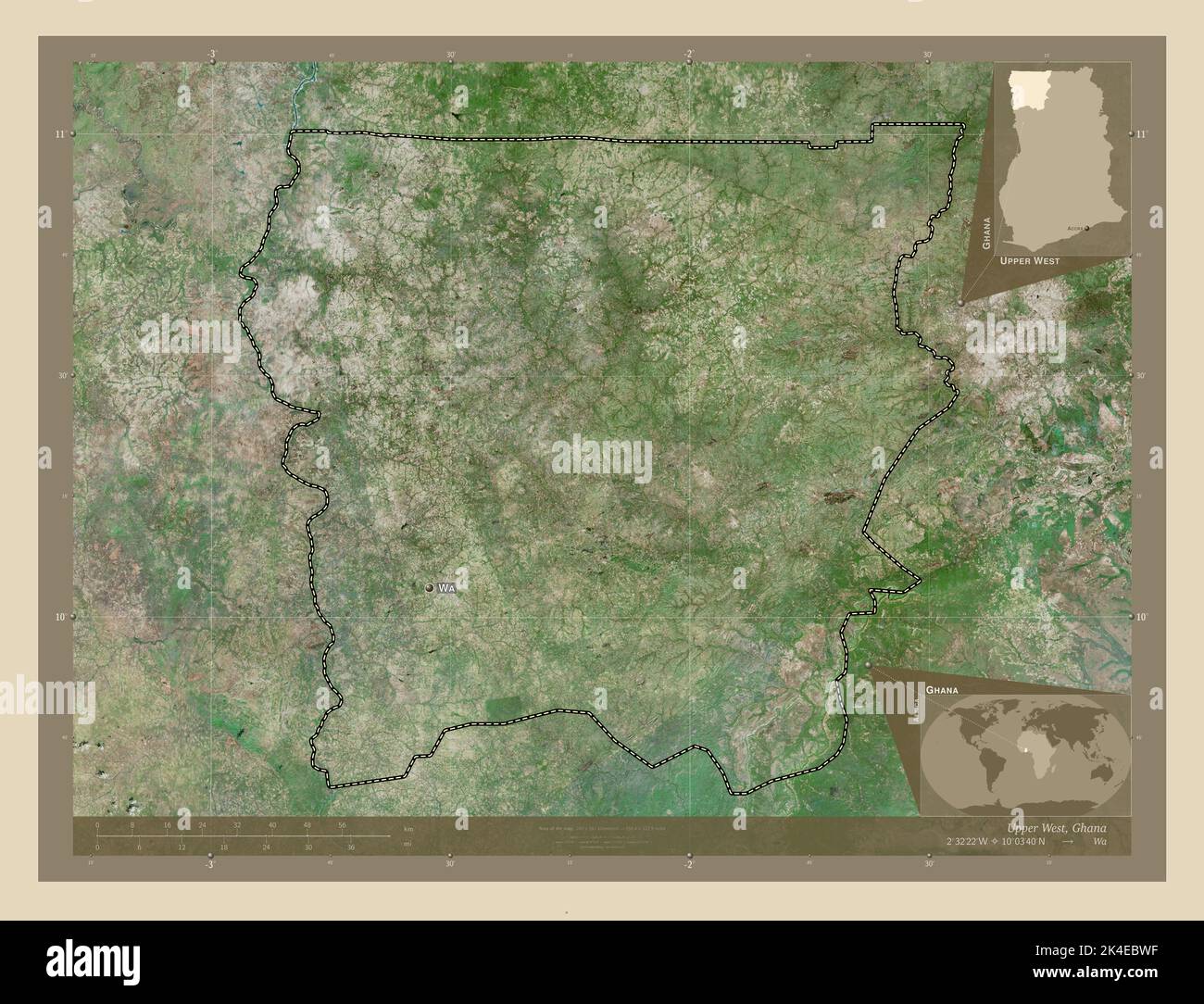 Upper West, region of Ghana. High resolution satellite map. Locations ...