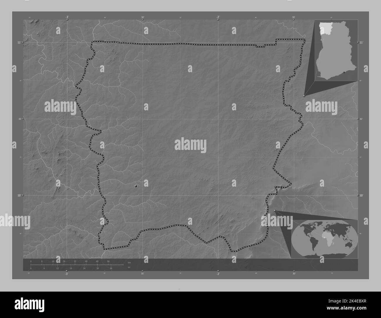 Upper West, region of Ghana. Grayscale elevation map with lakes and ...