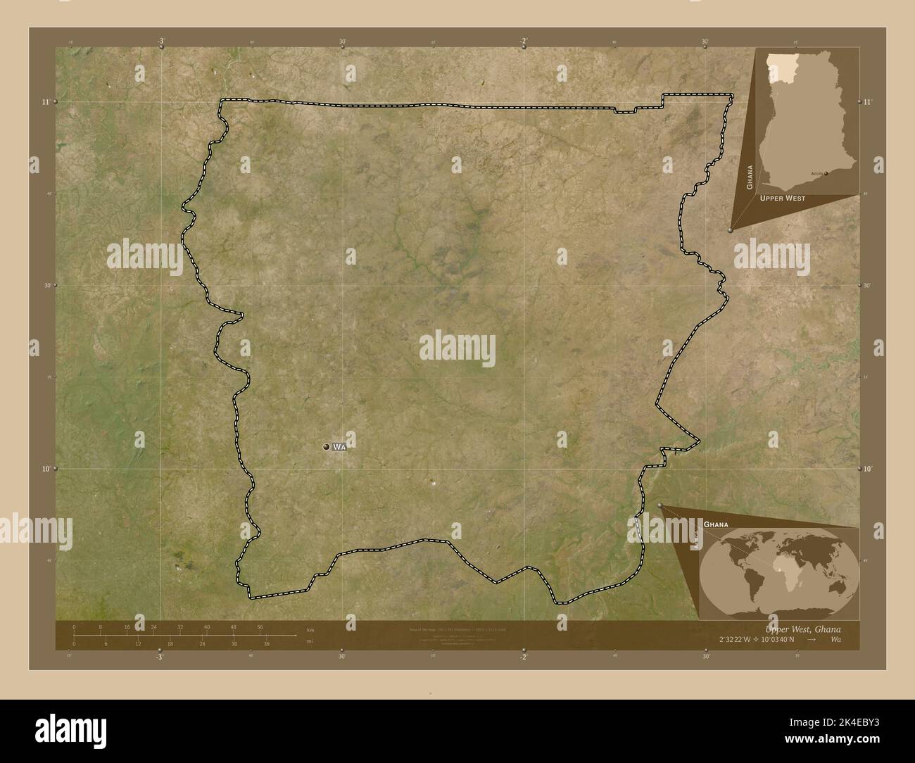 Upper West, region of Ghana. Low resolution satellite map. Locations ...