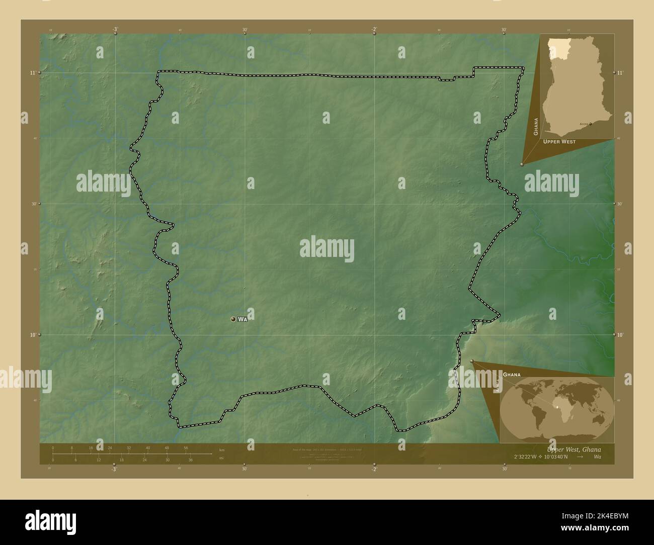 Upper West, region of Ghana. Colored elevation map with lakes and ...