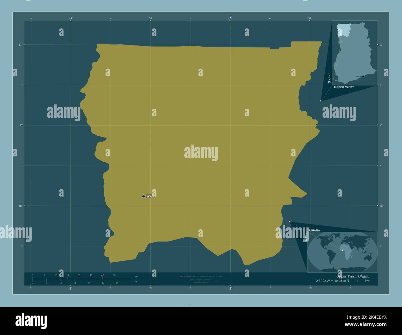 Upper West, region of Ghana. Solid color shape. Locations and names of ...