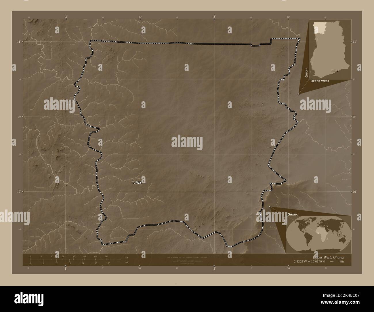 Upper West, region of Ghana. Elevation map colored in sepia tones with ...