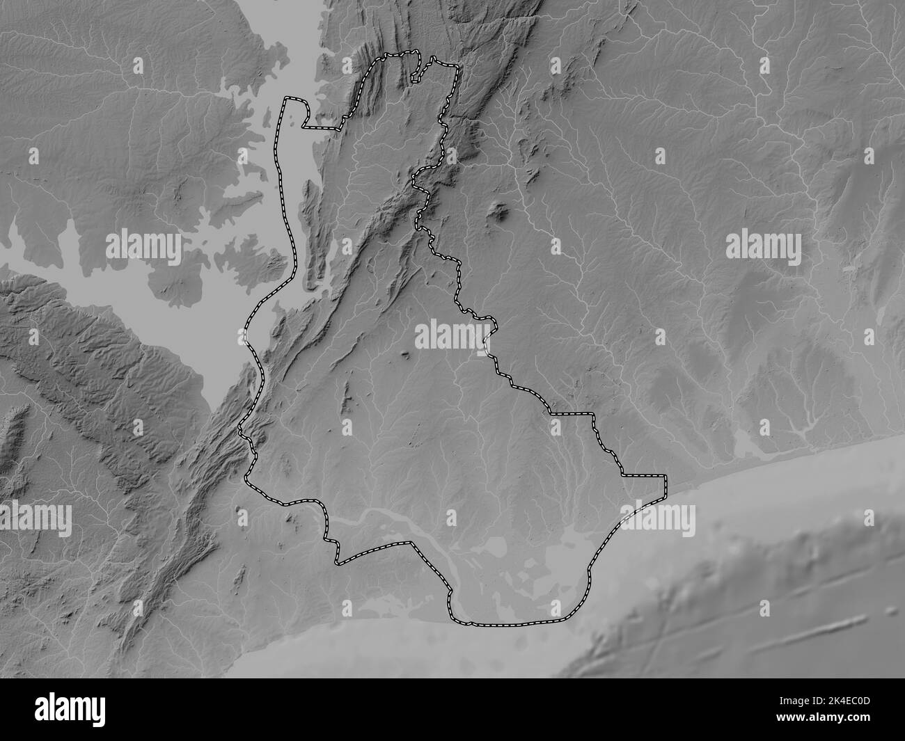 Volta, region of Ghana. Grayscale elevation map with lakes and rivers ...