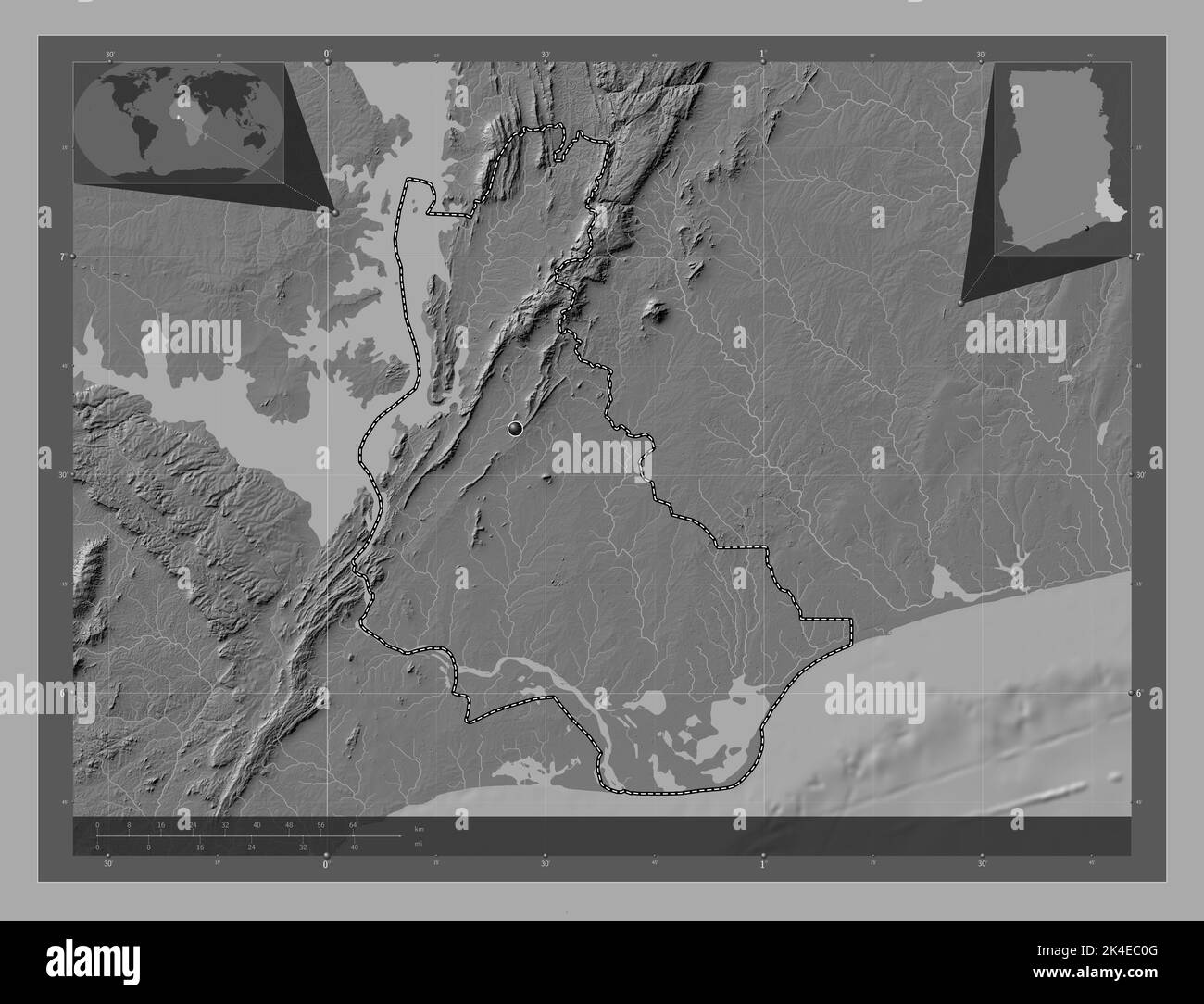 Volta, region of Ghana. Bilevel elevation map with lakes and rivers ...