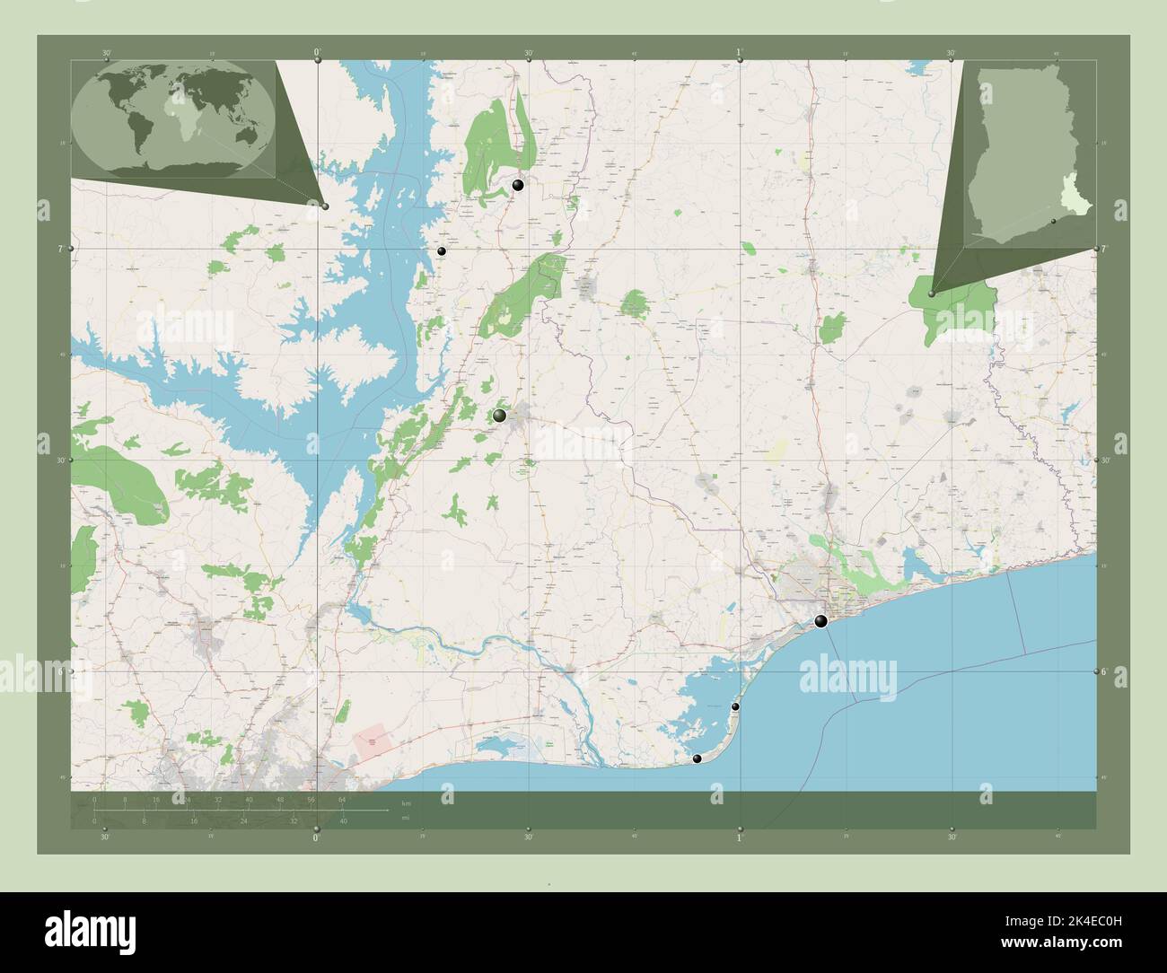 Volta, region of Ghana. Open Street Map. Locations of major cities of ...