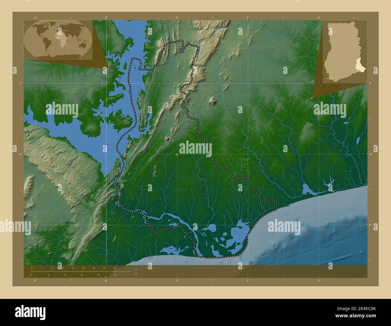 Volta, region of Ghana. Colored elevation map with lakes and rivers ...