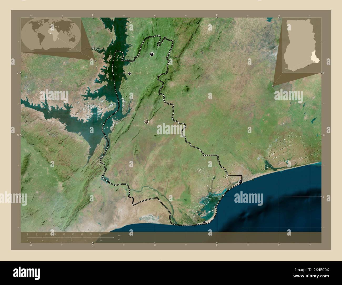 Volta, region of Ghana. High resolution satellite map. Locations of ...