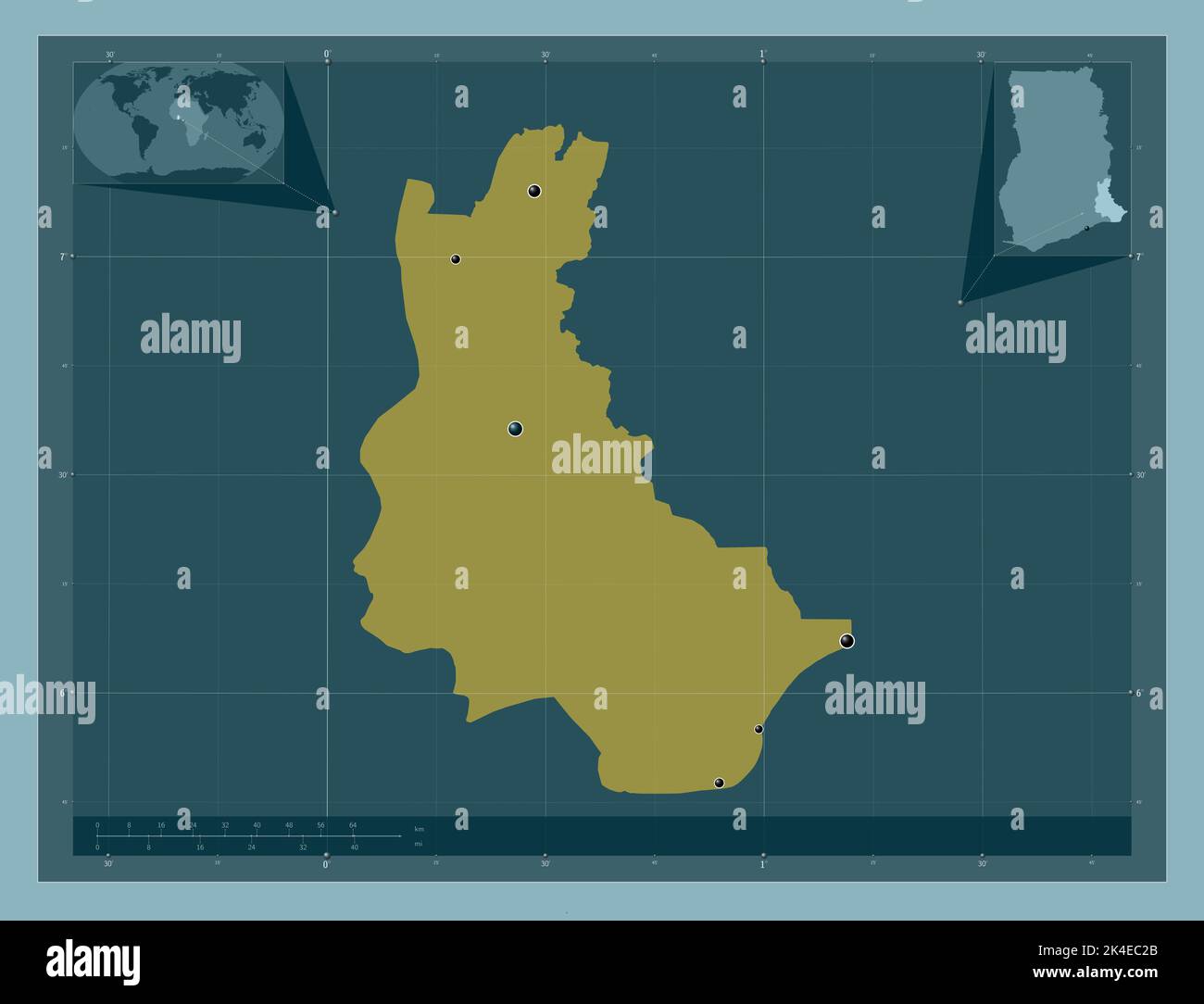 Volta, region of Ghana. Solid color shape. Locations of major cities of ...