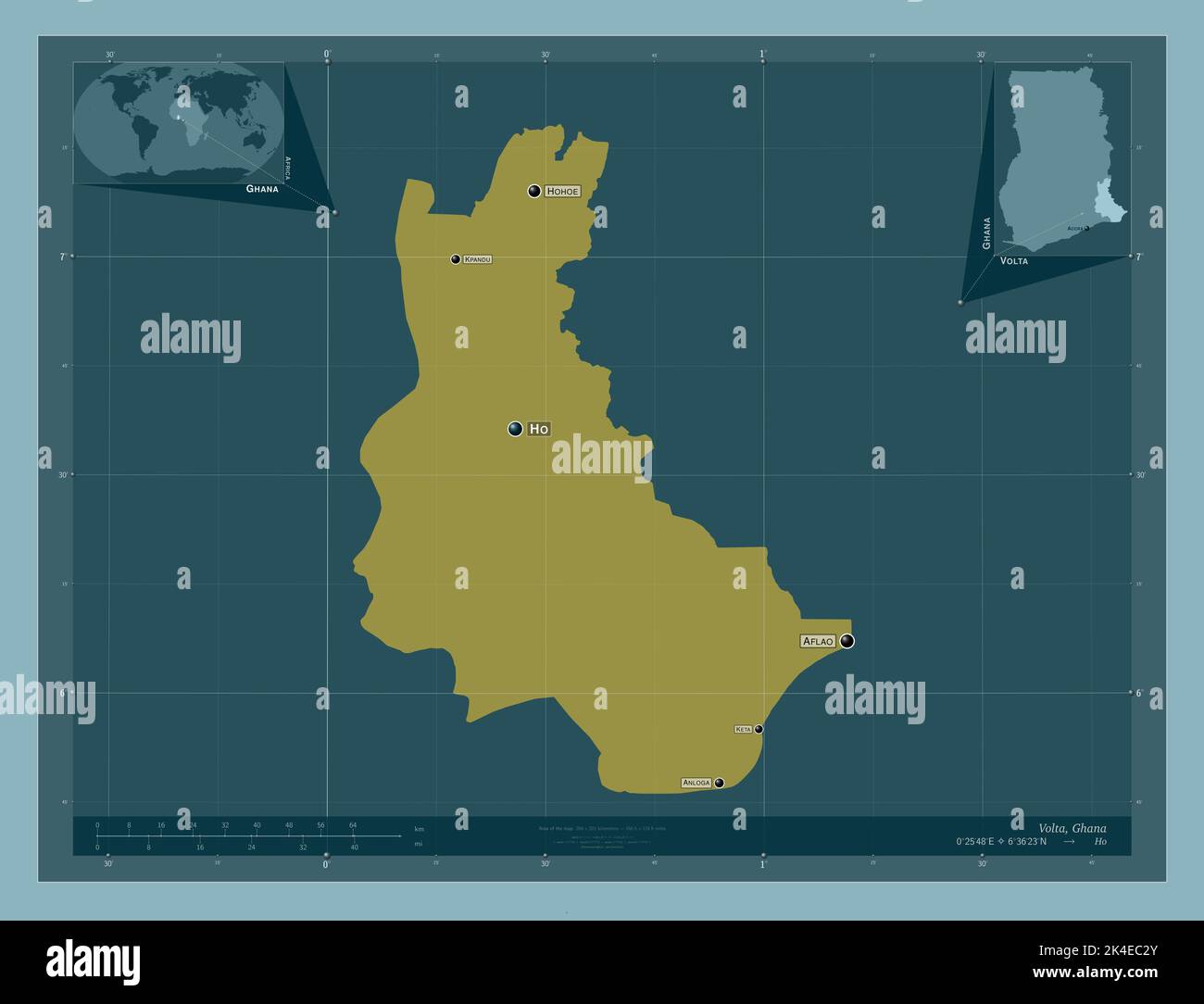 Volta, region of Ghana. Solid color shape. Locations and names of major ...