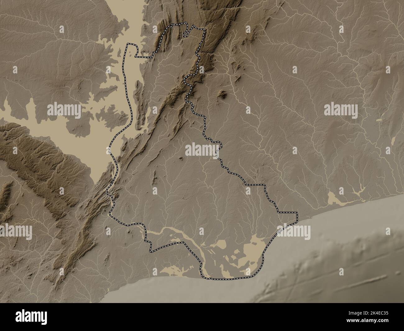 Volta, region of Ghana. Elevation map colored in sepia tones with lakes ...