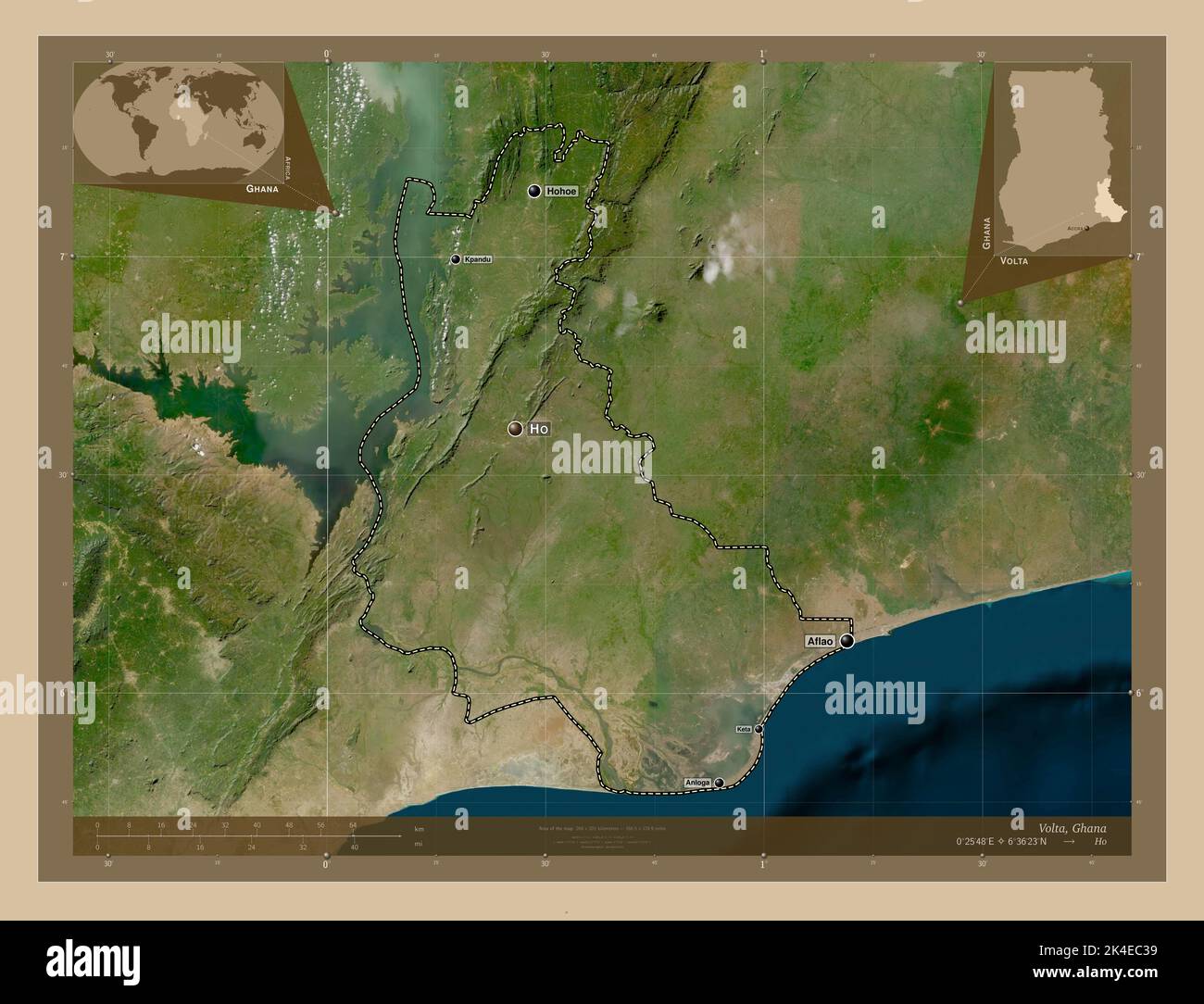 Volta, region of Ghana. Low resolution satellite map. Locations and ...