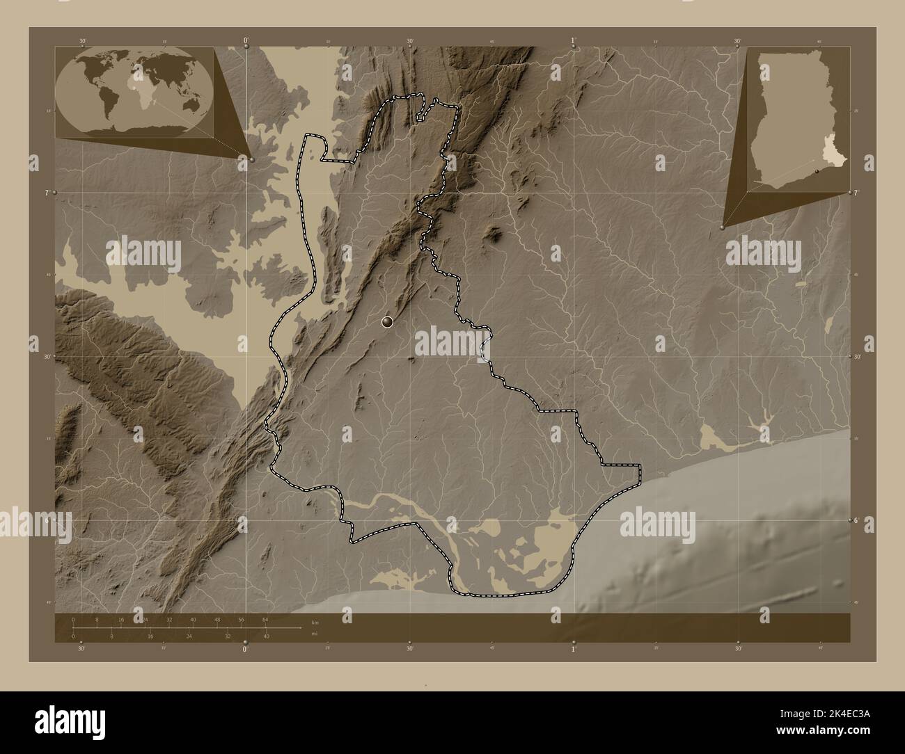 Volta, region of Ghana. Elevation map colored in sepia tones with lakes ...
