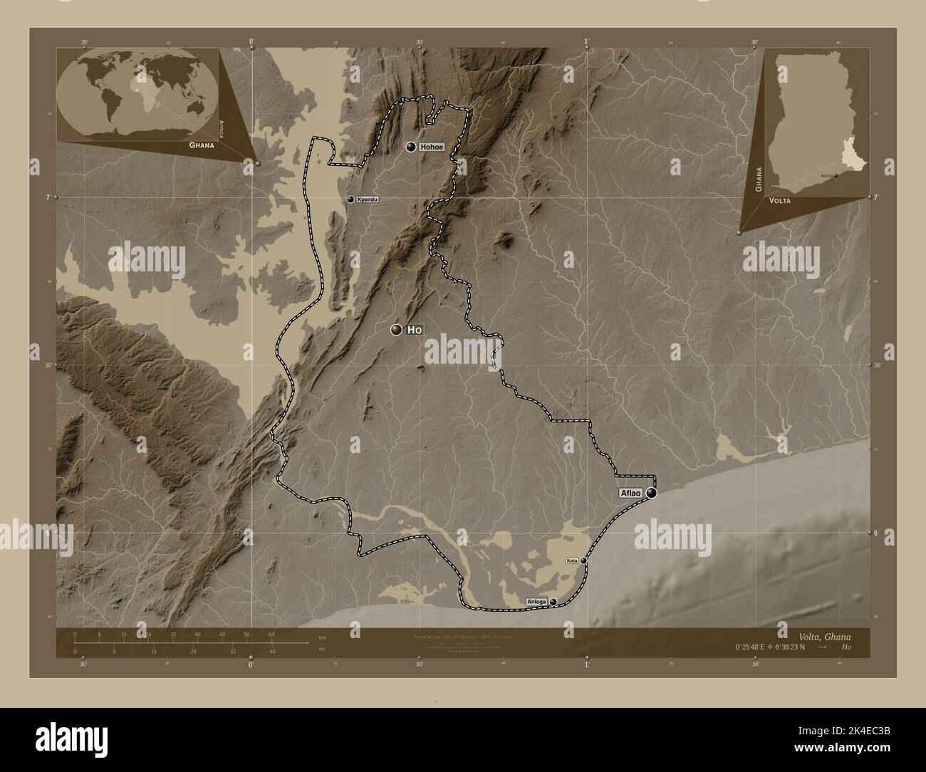 Volta, region of Ghana. Elevation map colored in sepia tones with lakes ...