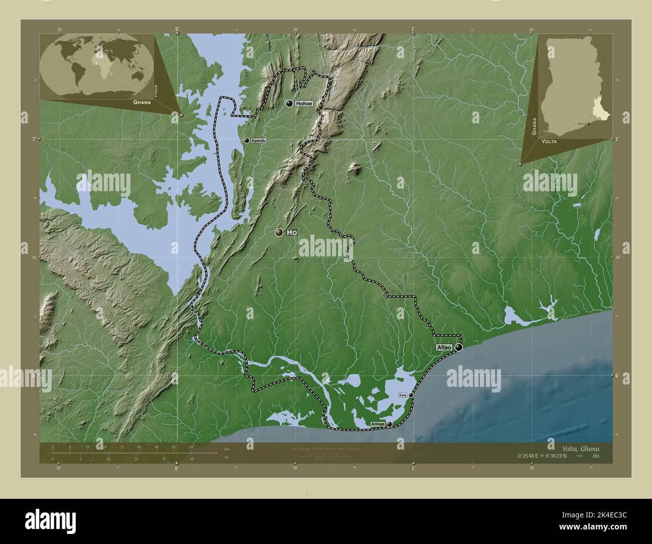 Volta, region of Ghana. Elevation map colored in wiki style with lakes ...