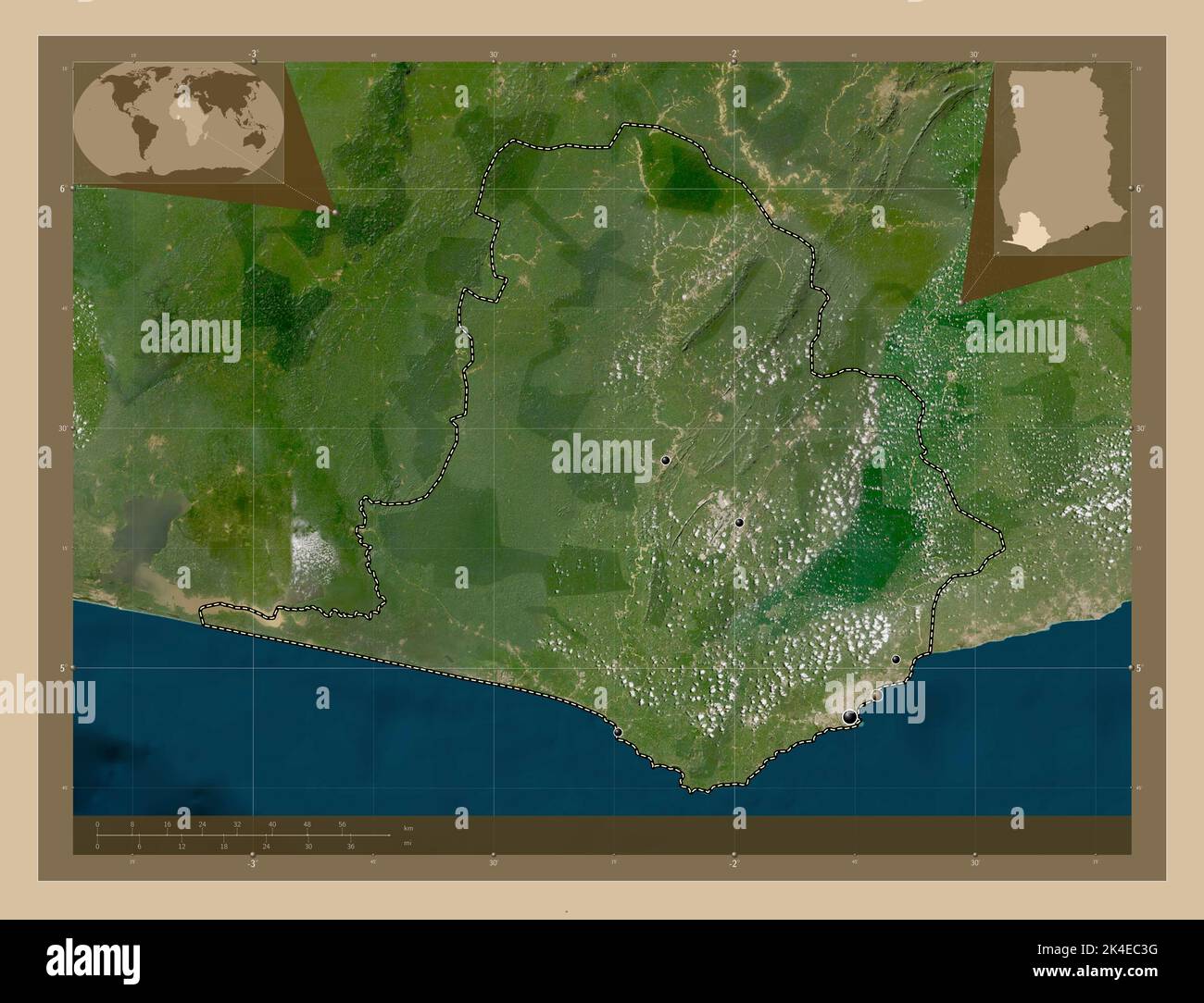 Western, region of Ghana. Low resolution satellite map. Locations of ...