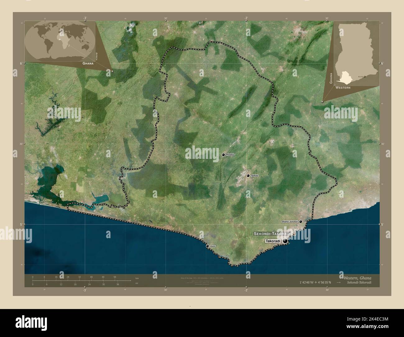 Western, region of Ghana. High resolution satellite map. Locations and ...