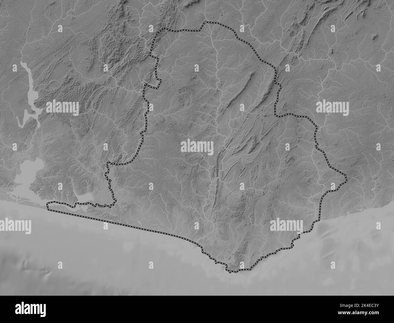 Western, region of Ghana. Grayscale elevation map with lakes and rivers ...