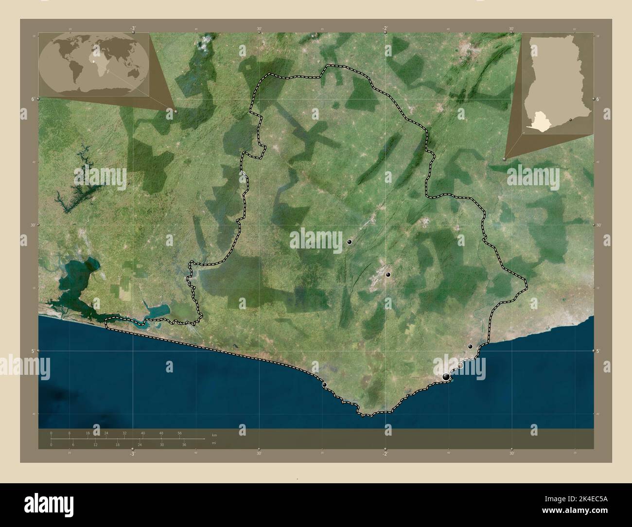 Western, region of Ghana. High resolution satellite map. Locations of ...