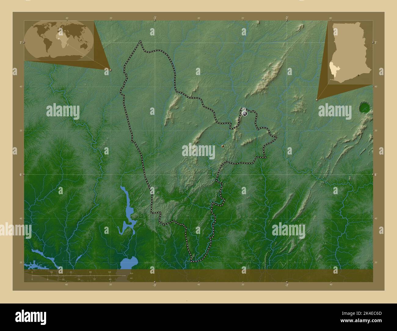 Western North, region of Ghana. Colored elevation map with lakes and ...