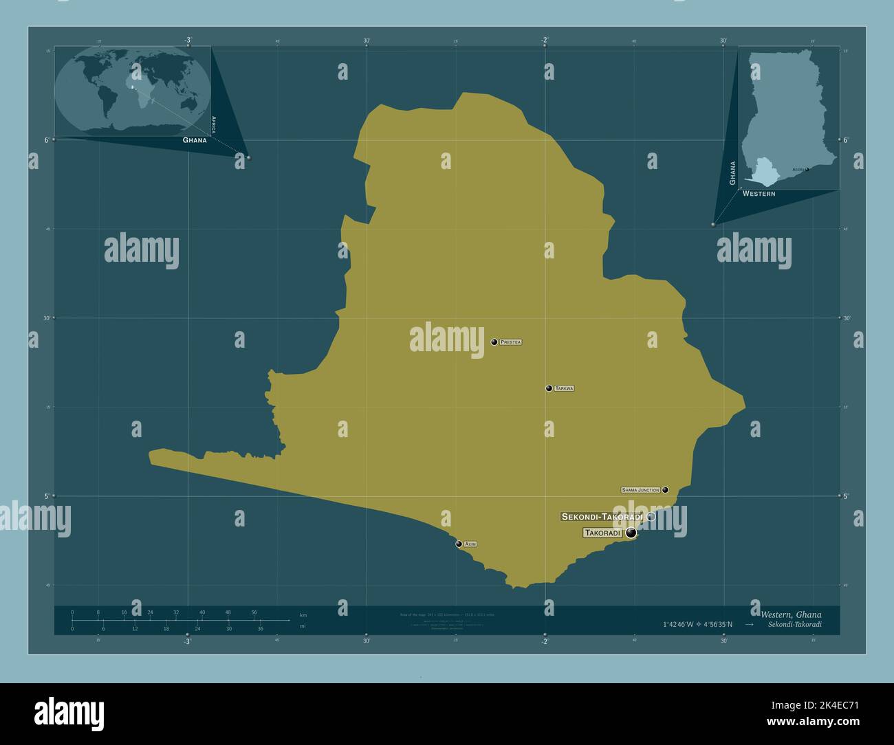 Western, region of Ghana. Solid color shape. Locations and names of ...