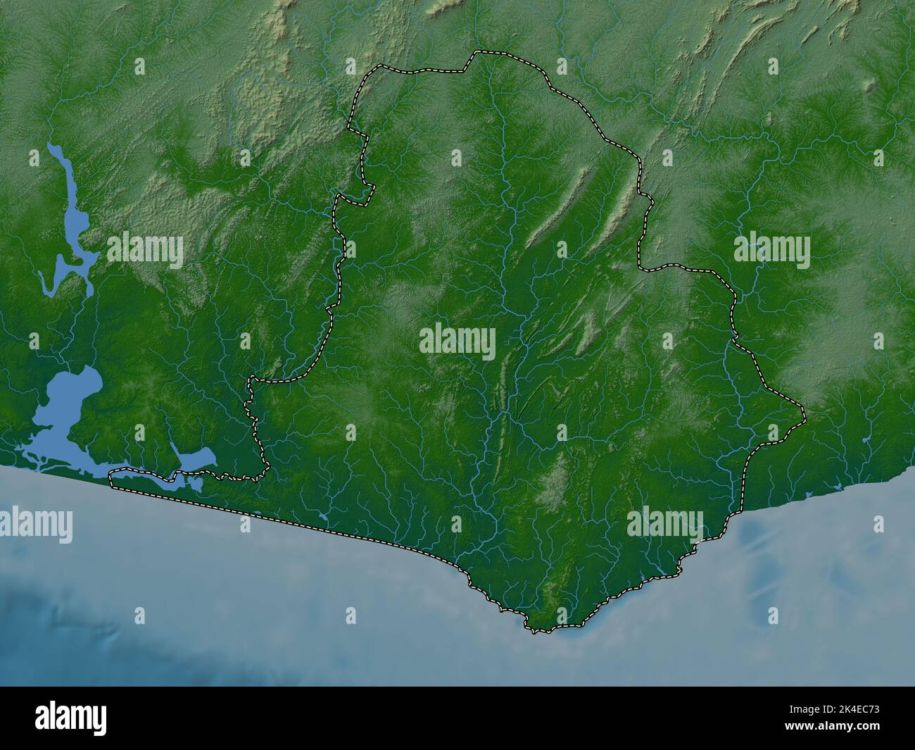 Western, region of Ghana. Colored elevation map with lakes and rivers ...