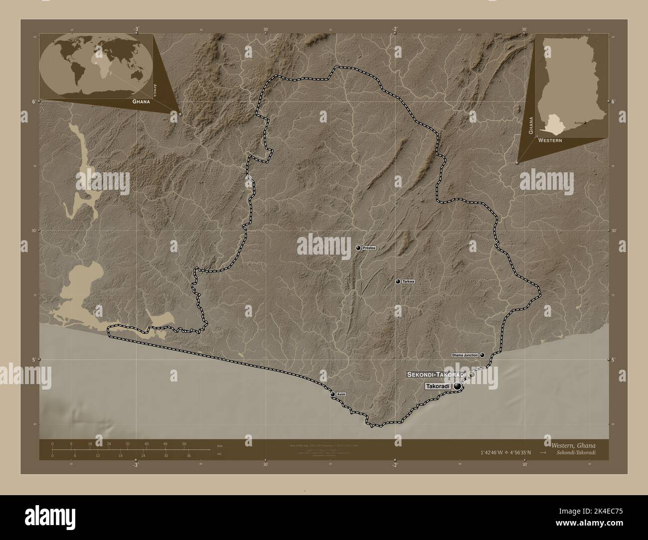Western, region of Ghana. Elevation map colored in sepia tones with ...