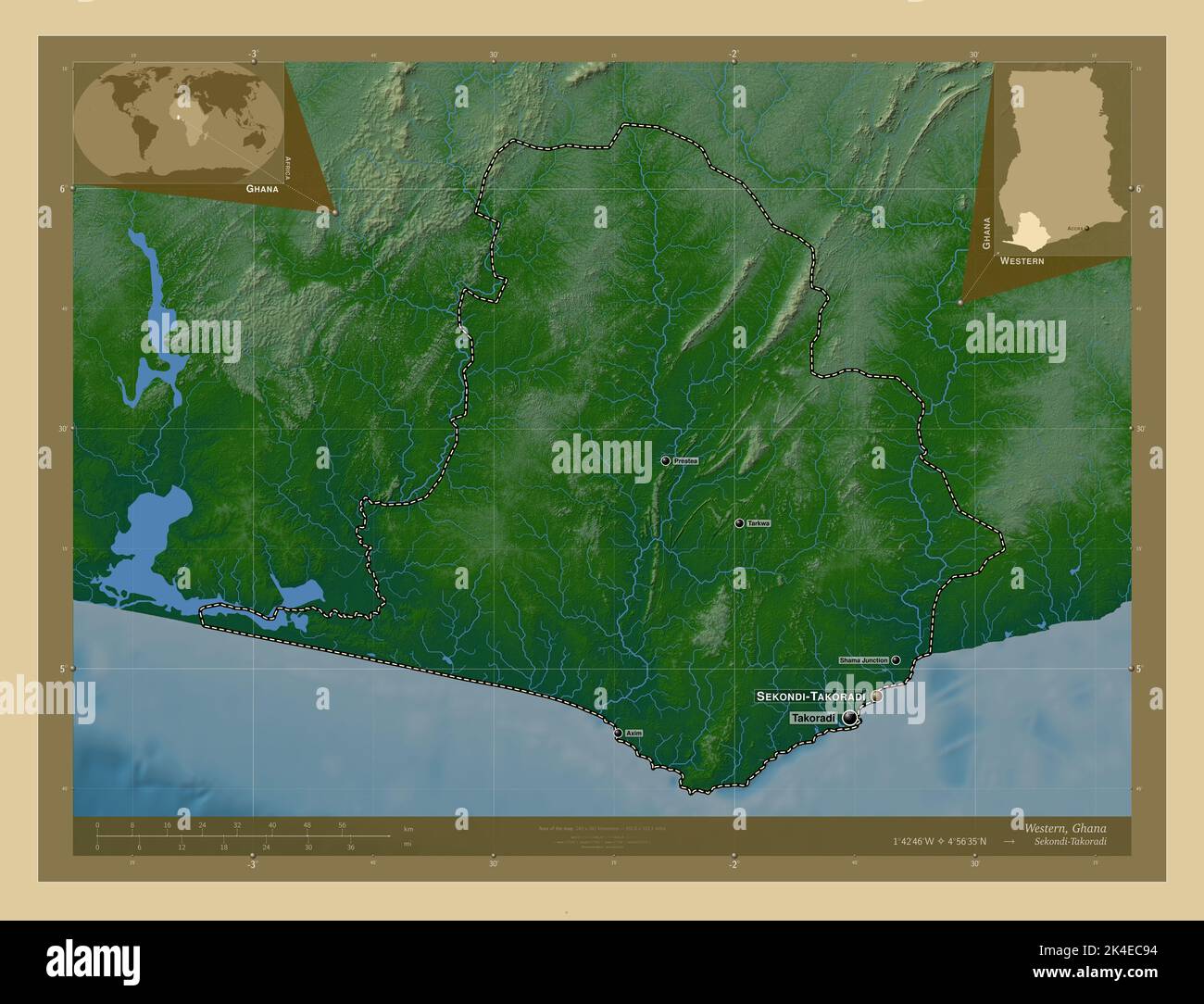 Western, region of Ghana. Colored elevation map with lakes and rivers ...