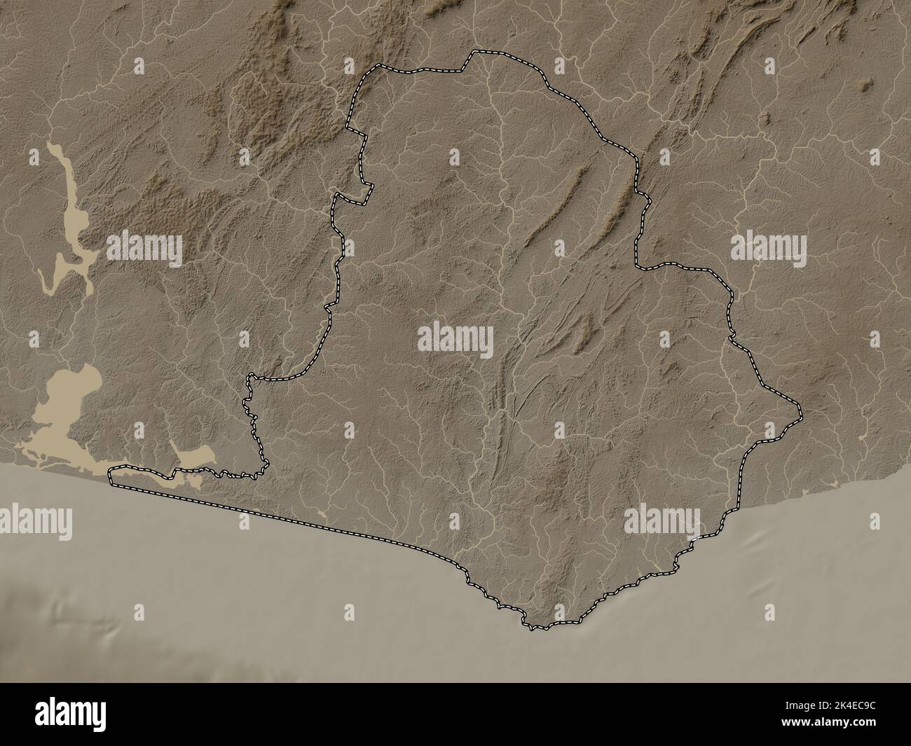 Western, region of Ghana. Elevation map colored in sepia tones with ...