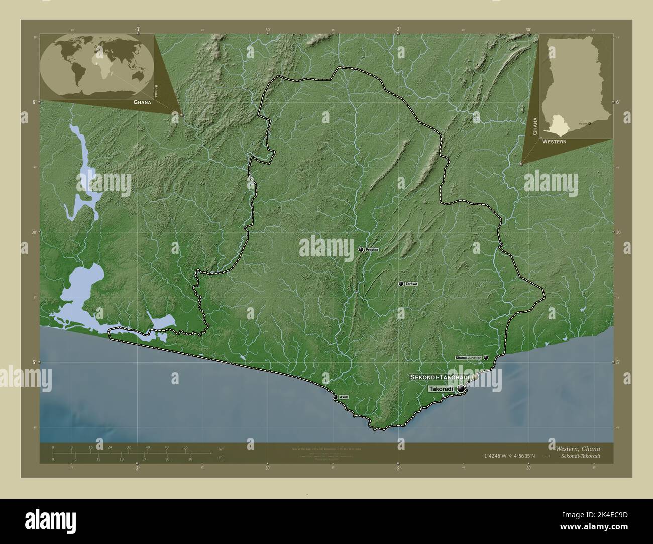 Western, region of Ghana. Elevation map colored in wiki style with ...