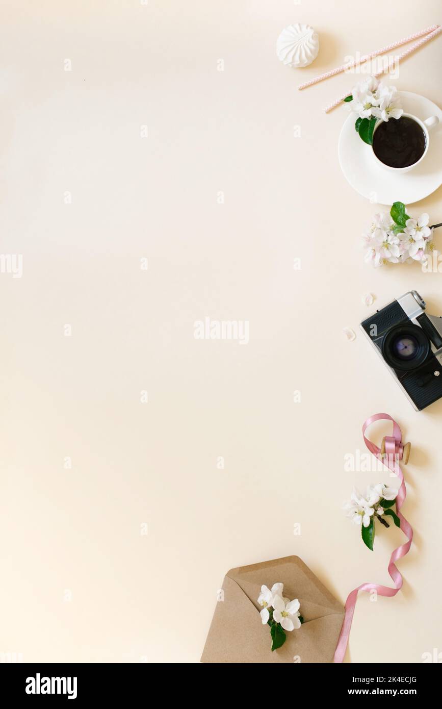 Flat female home office desk for ladies. Workspace with retro camera ...