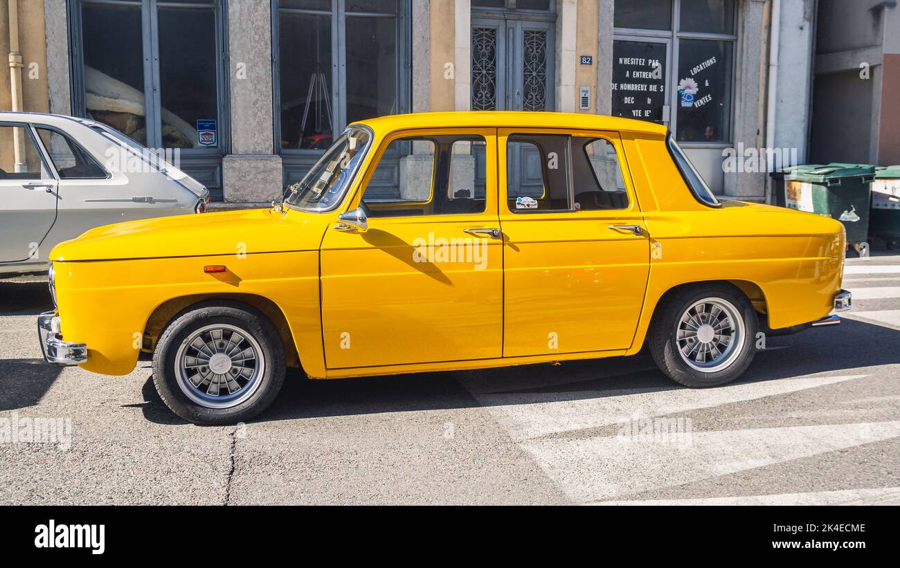 Loriol sur Drome, France - 17 September, 2022: Vintage yellow Renault 8 ...